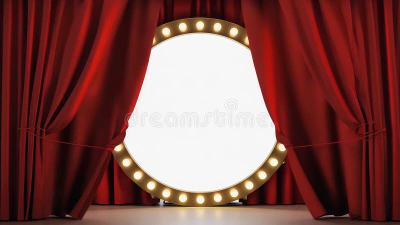 Circular Frame with Red Curtain, Illuminated Bulbs, Spotlight Effect ...