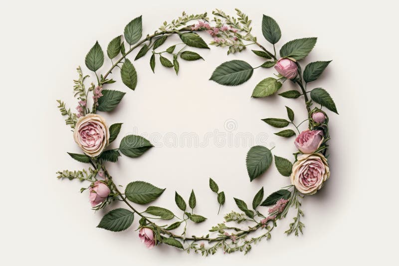 A Circular Frame Wreath Pattern with Roses Pink Buds Bra. Illustration ...