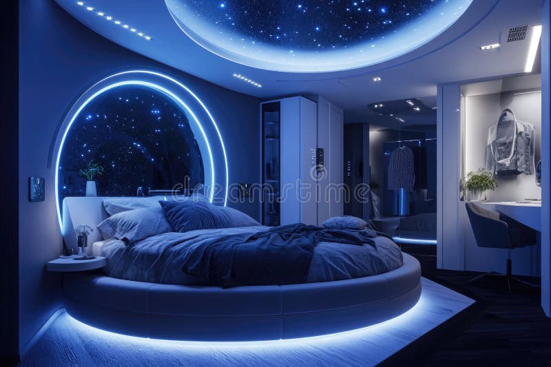 A Circular Futuristic Bedroom with Ambient Blue LED Lighting Stock ...