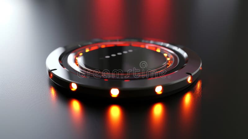 Circular Futuristic Device with Glowing Red Lights on Black Surface ...