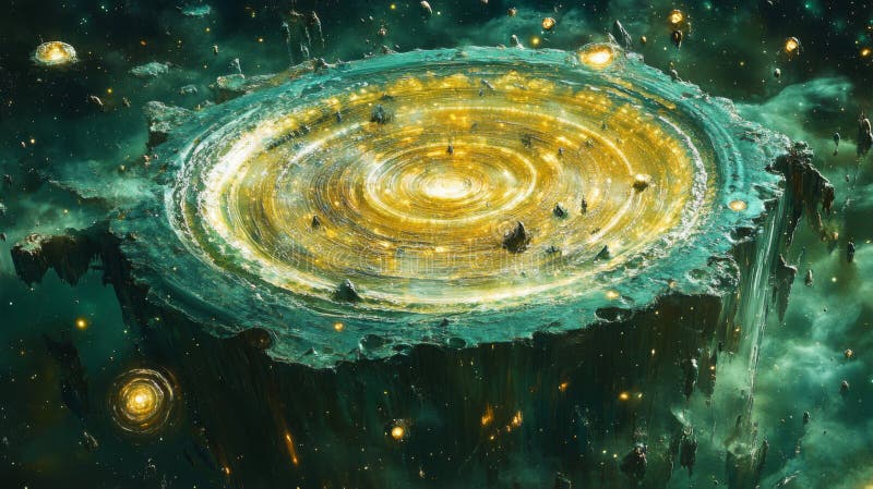 Circular Galaxy in Teal and Gold Cosmic Landscape Stock Illustration ...