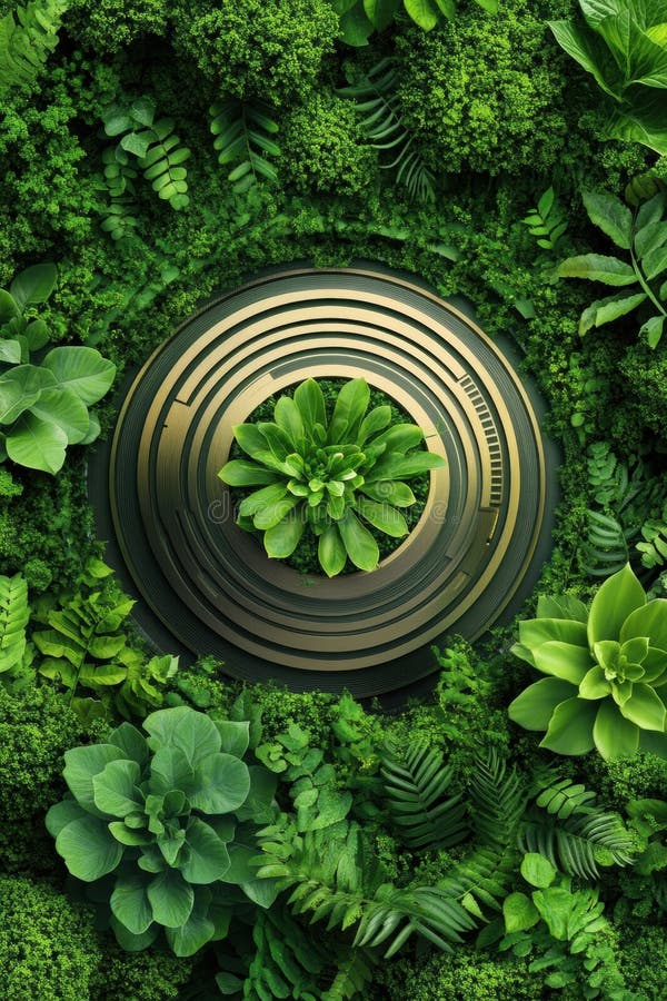 Circular Garden Design with Lush Green Foliage and Concentric Patterns ...