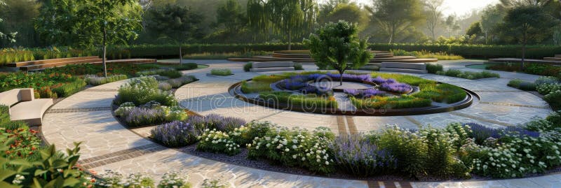 A Circular Garden with a Radial Pattern of Flower Beds and a Central ...