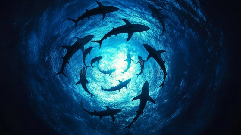 Circular Gathering of Sharks in Deep Blue Ocean Stock Image - Image of ...