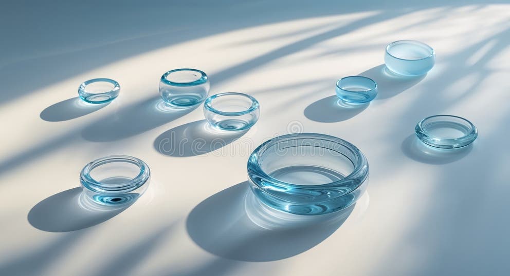 Circular Glass Objects Casting Shadows in Soft Blue Light on a Light ...