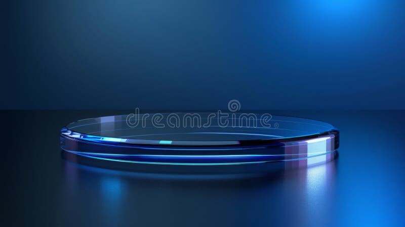 Circular Glass Platform in Blue Light on Reflective Surface at Night Stock Photo - Image of ...