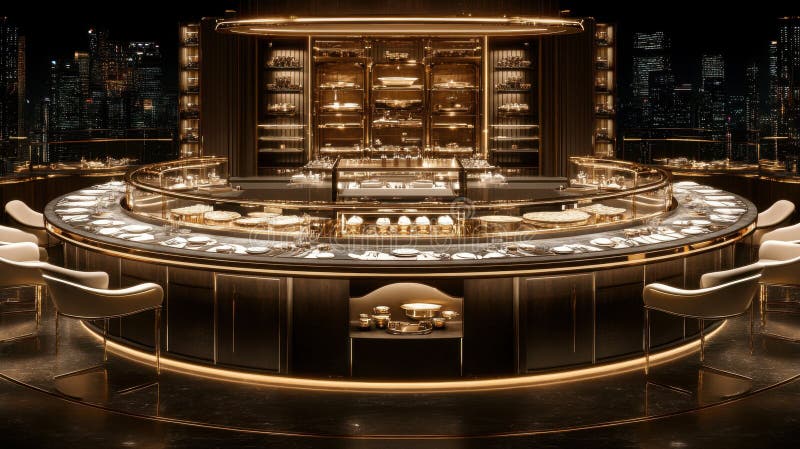 Circular Gold Bar Interior with City Night View Stock Photo - Image of ...