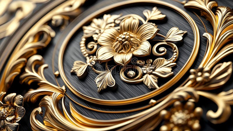 A Circular Gold Design with Intricate Details is Set Against a Black ...
