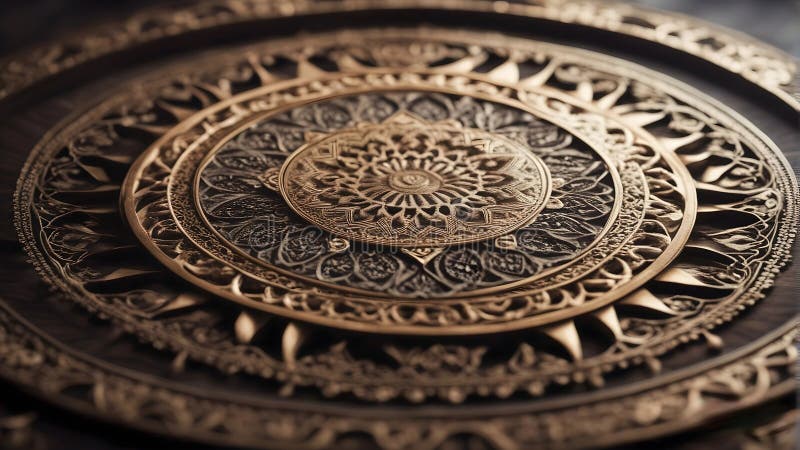 A Circular Golden Metal Plate with Designs and Decorative Elements on ...