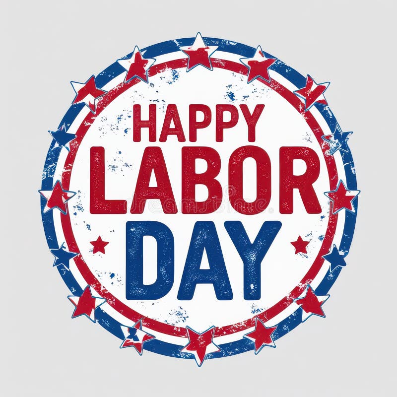 Happy Labor Day Circle Graphic with Red and Blue Stars and Text on a ...