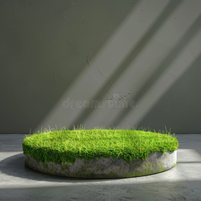 Circular Grass Platform with Concrete Base and Sunbeams Stock ...