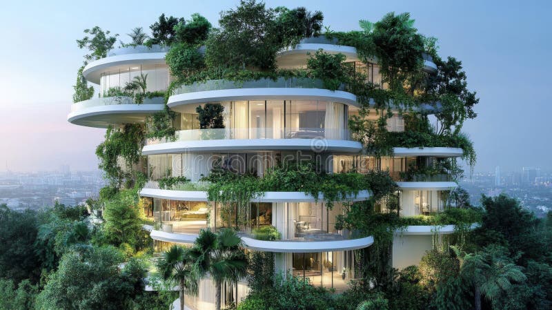 Circular Green Apartment Tower in Urban Setting at Dusk Stock ...