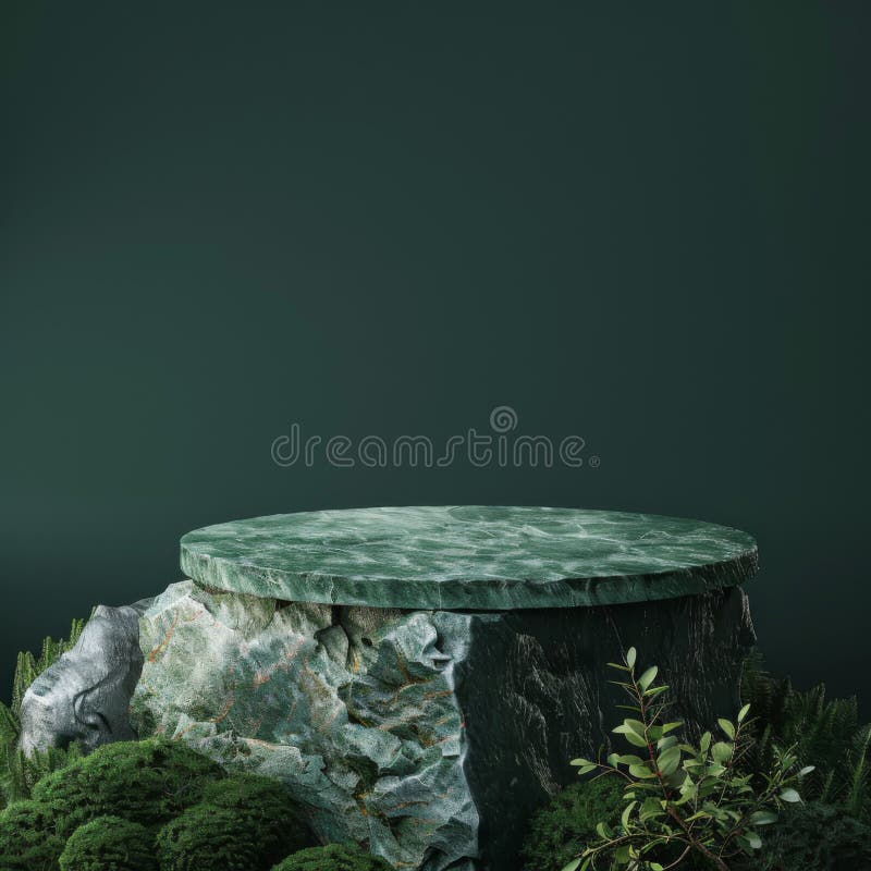 Circular Green Marble Pedestal on a Rock with Green Foliage Stock ...