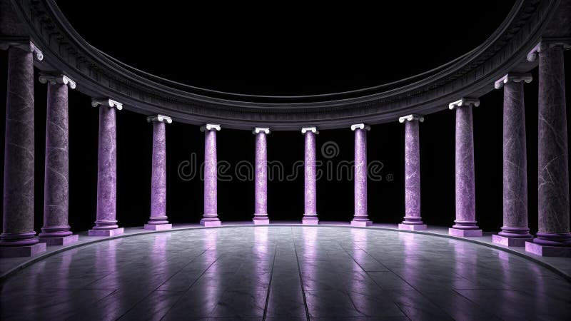 Circular Hall with Purple Marble Columns and Reflective Floor Against a ...
