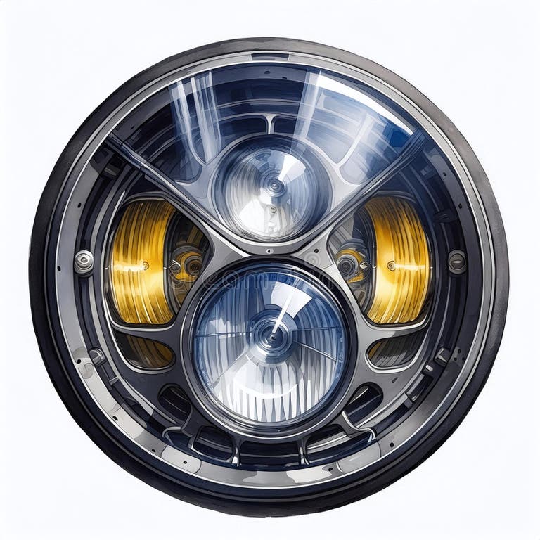 Circular Headlight with Multiple Yellow Lights and Transparent Elements ...