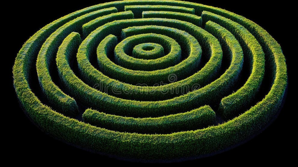 Circular Hedge Maze in Sunlight with Concentric Green Pathways and ...