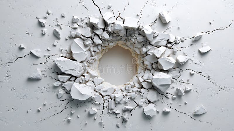 A Circular Hole is Blasted through a White Textured Wall Scattering ...