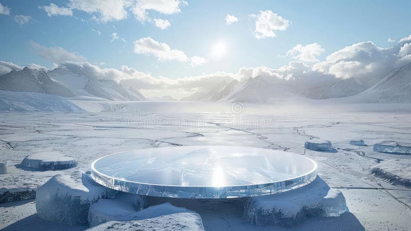 A Circular Ice Platform in a Snowy Arctic Landscape with Mountains in ...
