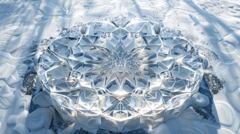 A Circular Ice Sculpture Resembling a Snowflake with Intricate ...