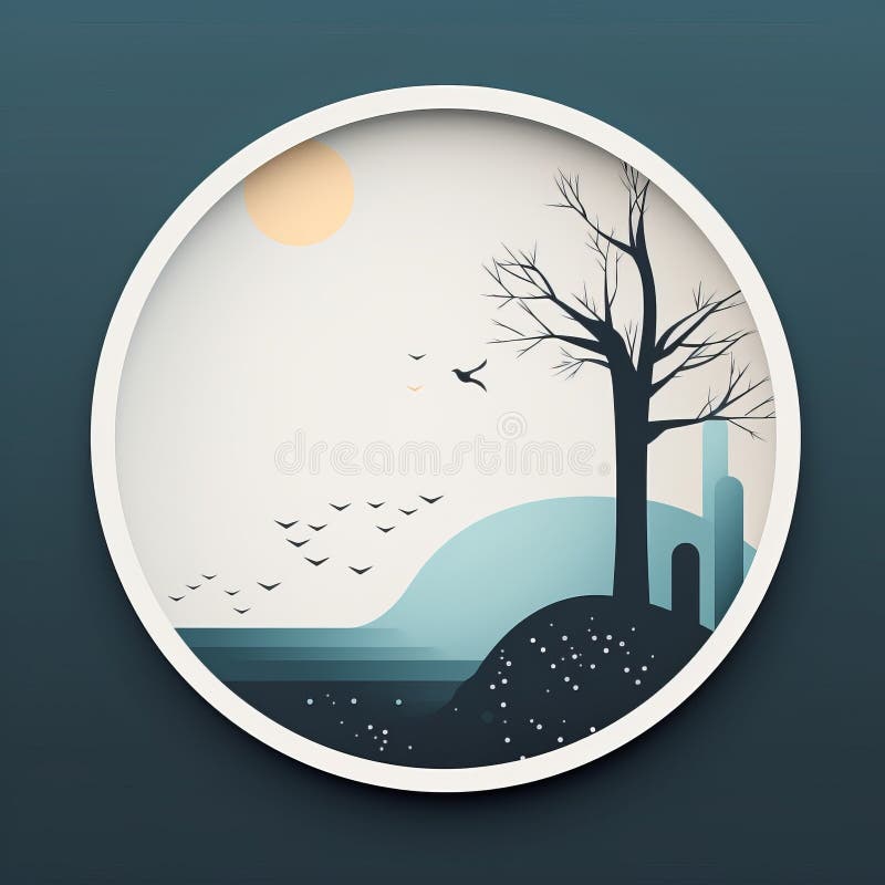A Circular Icon with a Tree and Birds Flying Over the Water Stock ...