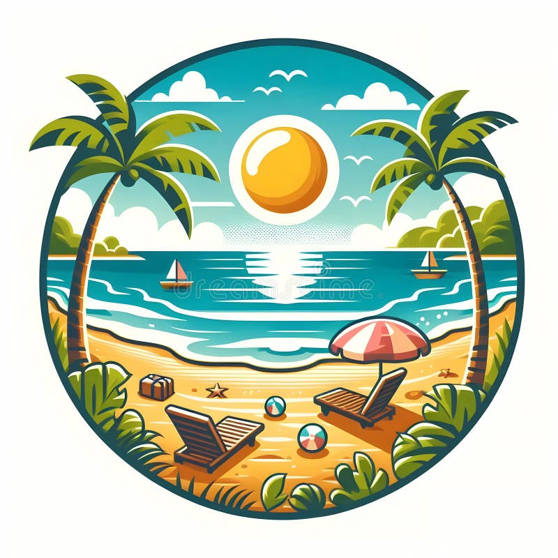 Circular Illustration of a Beach in Summer with a White Background ...