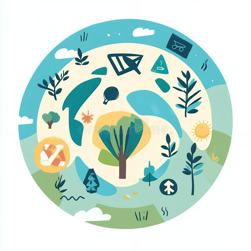 Circular Illustration with Nature Elements Trees Sun Clouds and ...