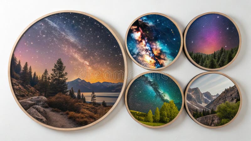 Circular Illustrations of Celestial Landscapes Stock Illustration ...