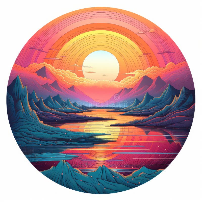 A Circular Image of a Landscape with Mountains and a Sunset Stock ...