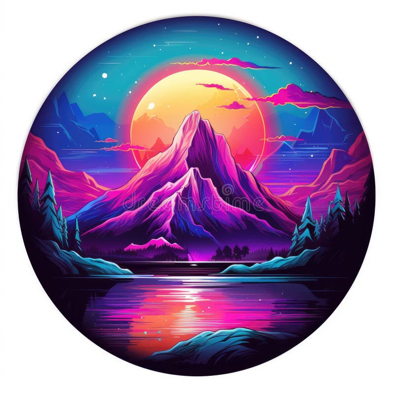 A Circular Image of a Mountain Range and a Lake Stock Illustration ...