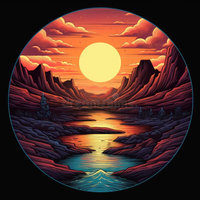 A Circular Image of a River and Mountains Stock Illustration ...