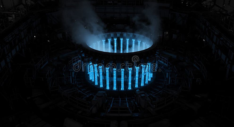 Circular Industrial Structure with Tall, Vertical Columns Illuminated ...