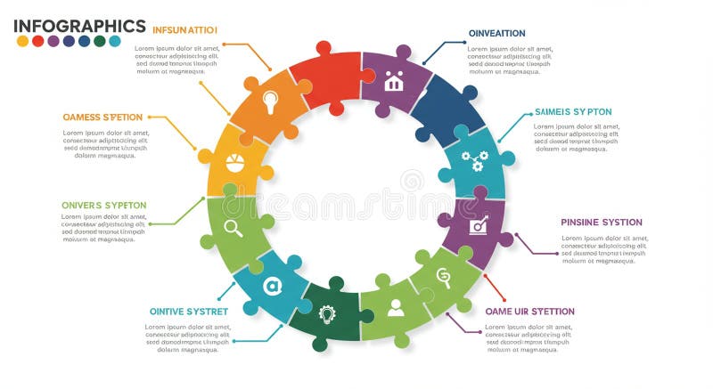 Circular Infographic Composed of Interlocking Puzzle Pieces in Various ...