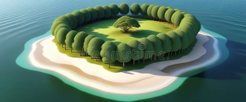 Circular Island with Tree Surrounded by Water in a Serene Natural ...