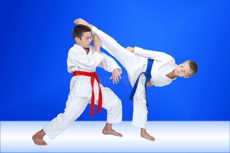 Circular Kick and Block Two Athletes are Training Stock Image - Image ...