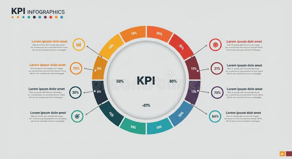 Circular KPI Infographic Featuring a Donut Chart Segmented into Various ...