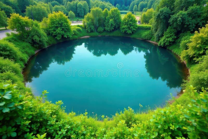 Circular Lake Surrounded by Lush Green Vegetation, Lake, Birdseye Stock ...