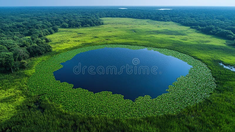 Circular Lake Surrounded by Lush Green Vegetation and Forest Stock ...
