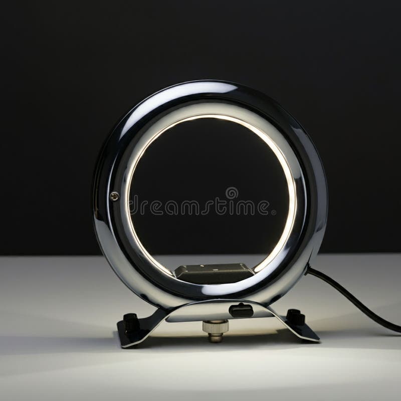 Circular LED Lamp with a Glossy Metallic Frame, Placed on a Flat ...