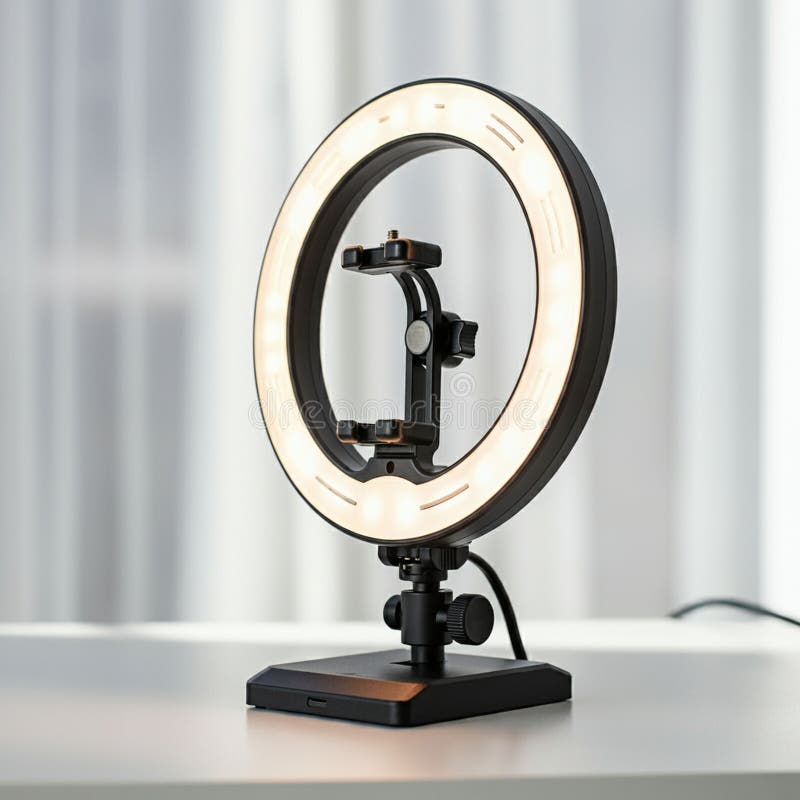A Circular LED Ring Light on a Sturdy Black Base is Positioned on a ...