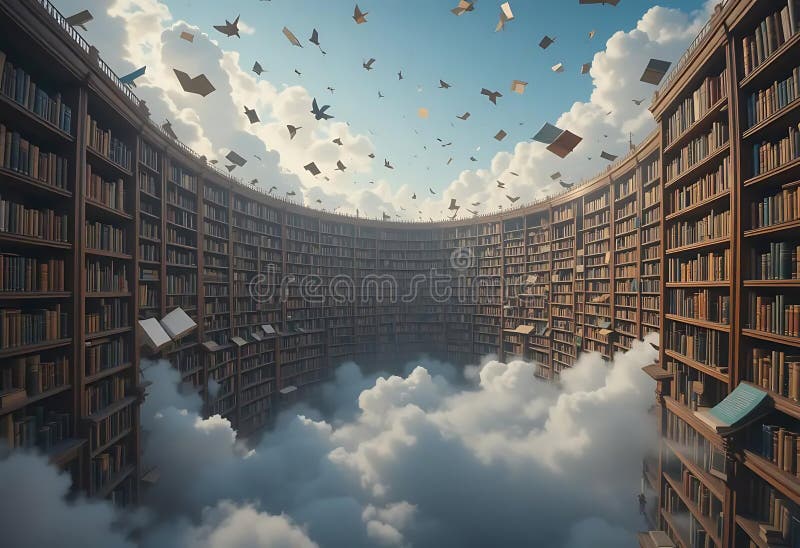 Whimsical Library with Flying Books and Clouds Fantasy Art Stock ...
