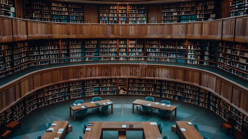 Expansive Library Interior with Circular Design, Rows of Books, and ...