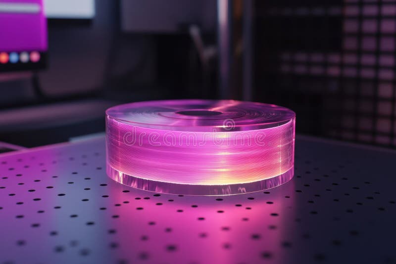 Circular Light Object Illuminated in Purple in a Lab Setting at Night ...