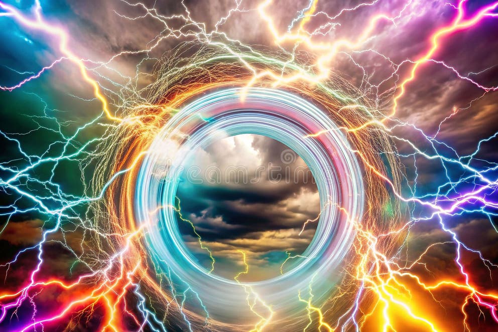 Circular Lightning Portal through Storm Clouds Stock Illustration ...