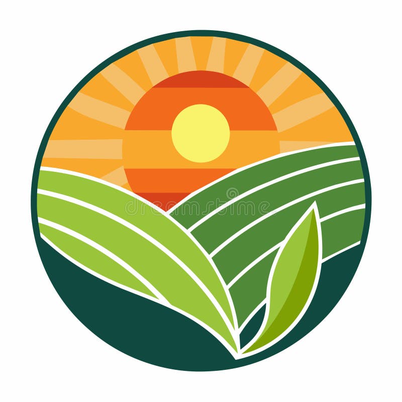 A Circular Logo Featuring a Stylized Sun Rising Over a Green Field with ...
