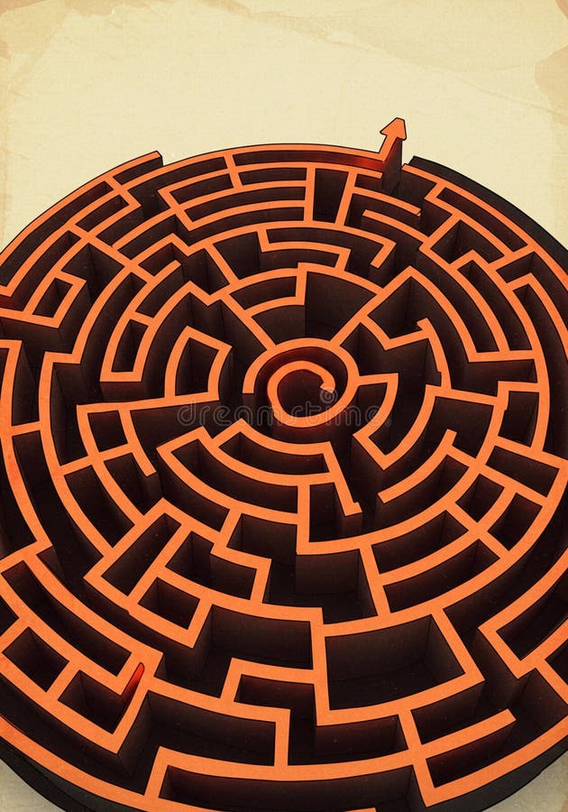 Circular Maze Illustration with Thick, Black Walls and Glowing, Orange ...