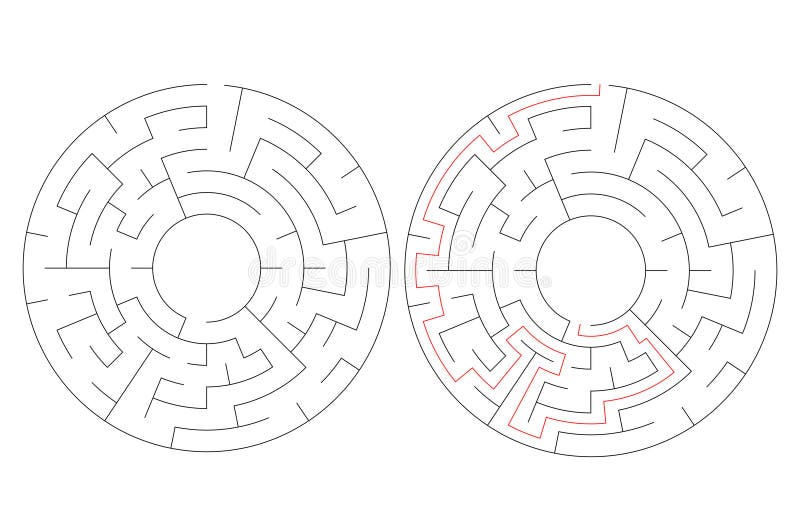 Circular Mazes Shown Solved and Unsolved on White Background Stock ...