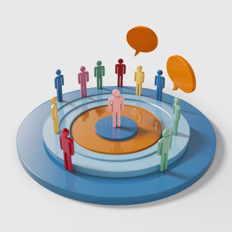 Circular Meeting Graphics with Multicolored Figures and Speech Bubbles ...