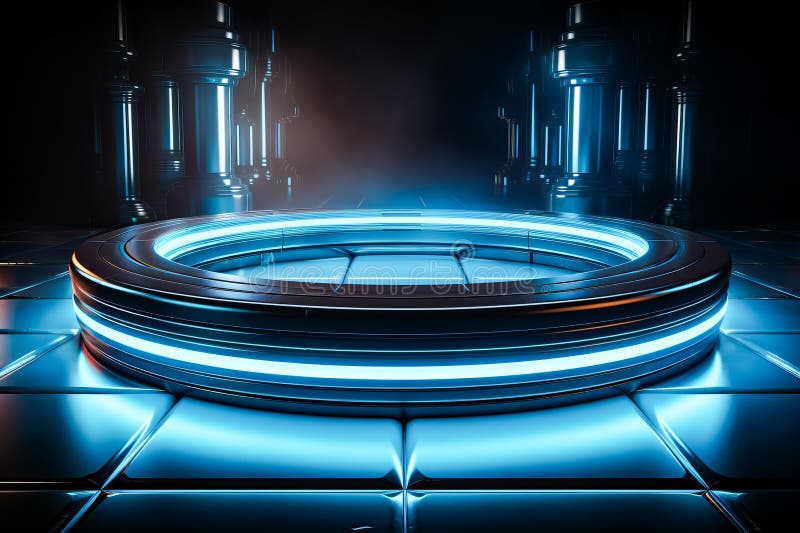 Circular Metal Object with Neon Lights in Dark Room. Generative AI ...