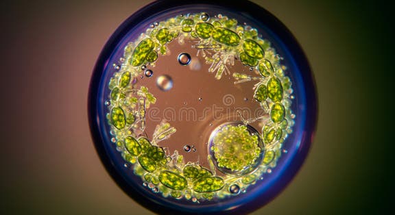 Circular Microscopic View of Algae and Microorganisms. Bright Green ...