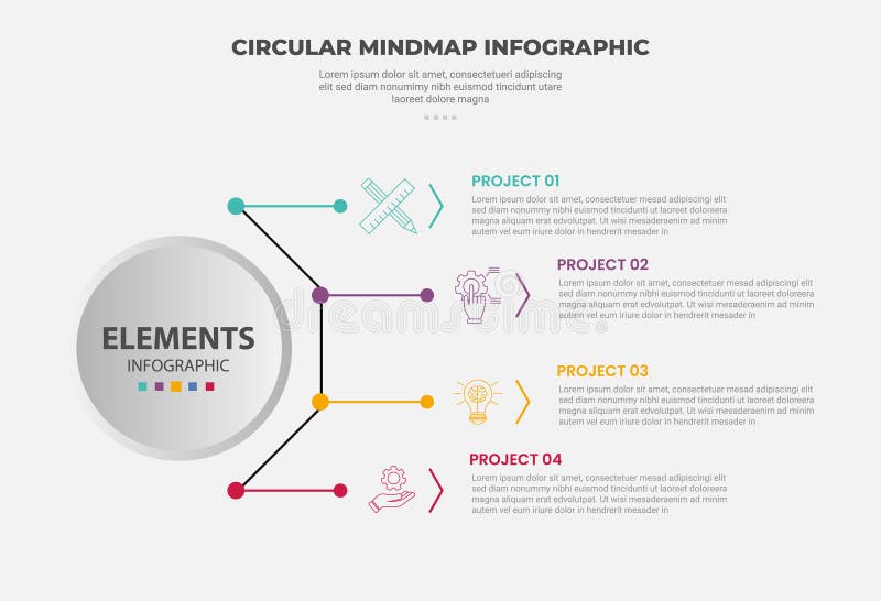 Circular Mind Map Infographic Outline Style with 4 Point Template with ...
